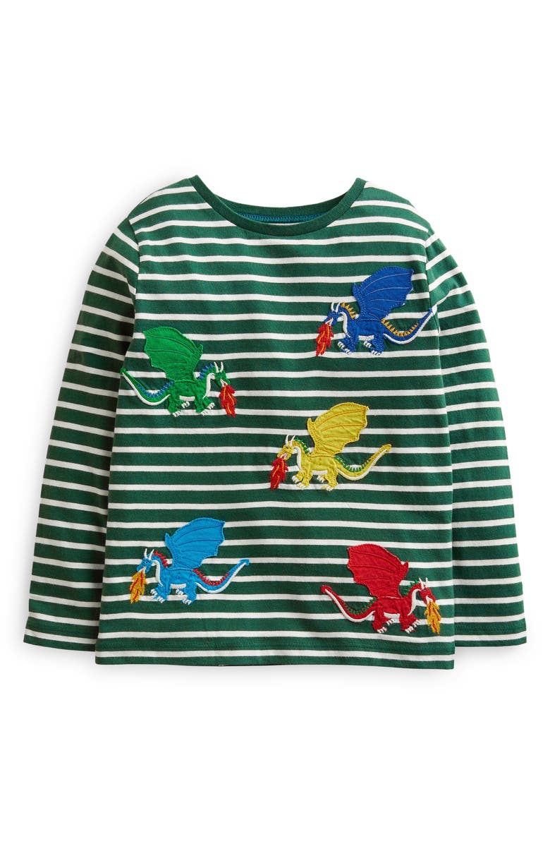 Mini Boden Kids' Dragon Appliqué Breton Stripe Cotton T-Shirt ...
