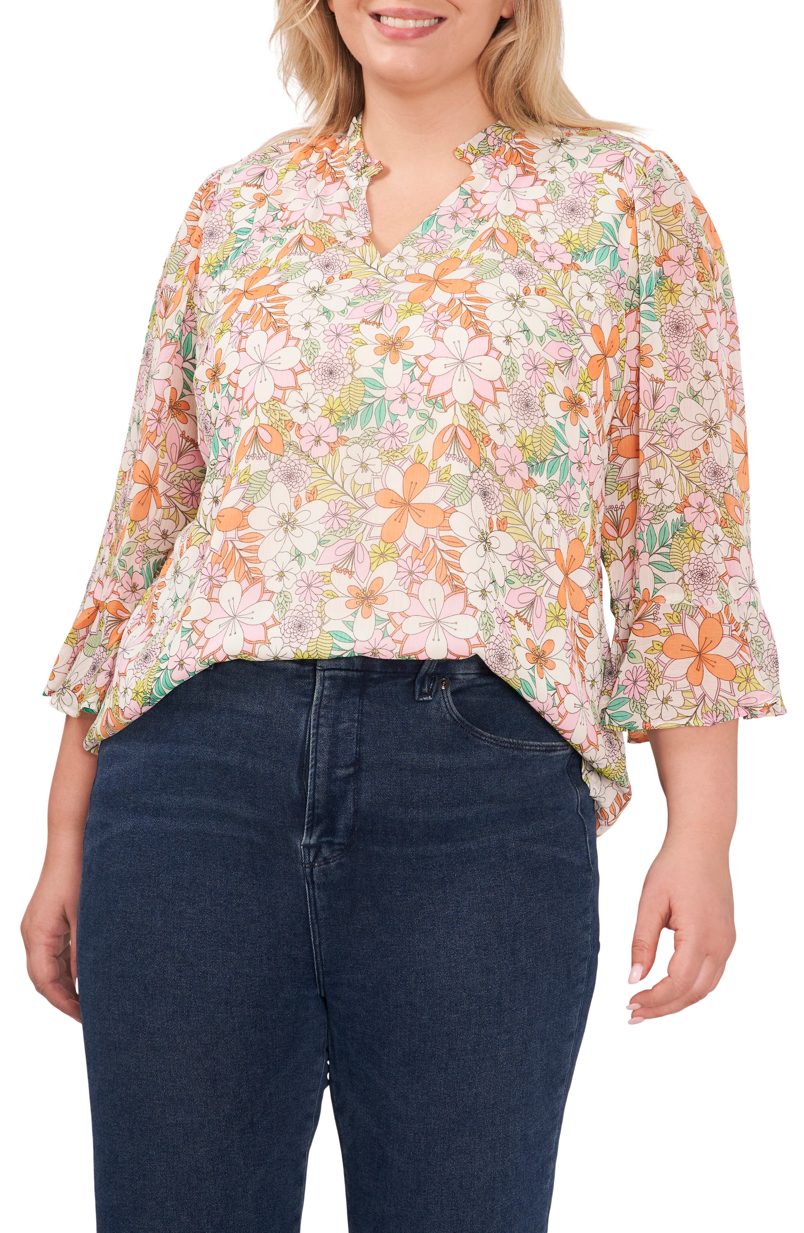 CeCe Floral Ruffle Tie Neck Top | Nordstromrack