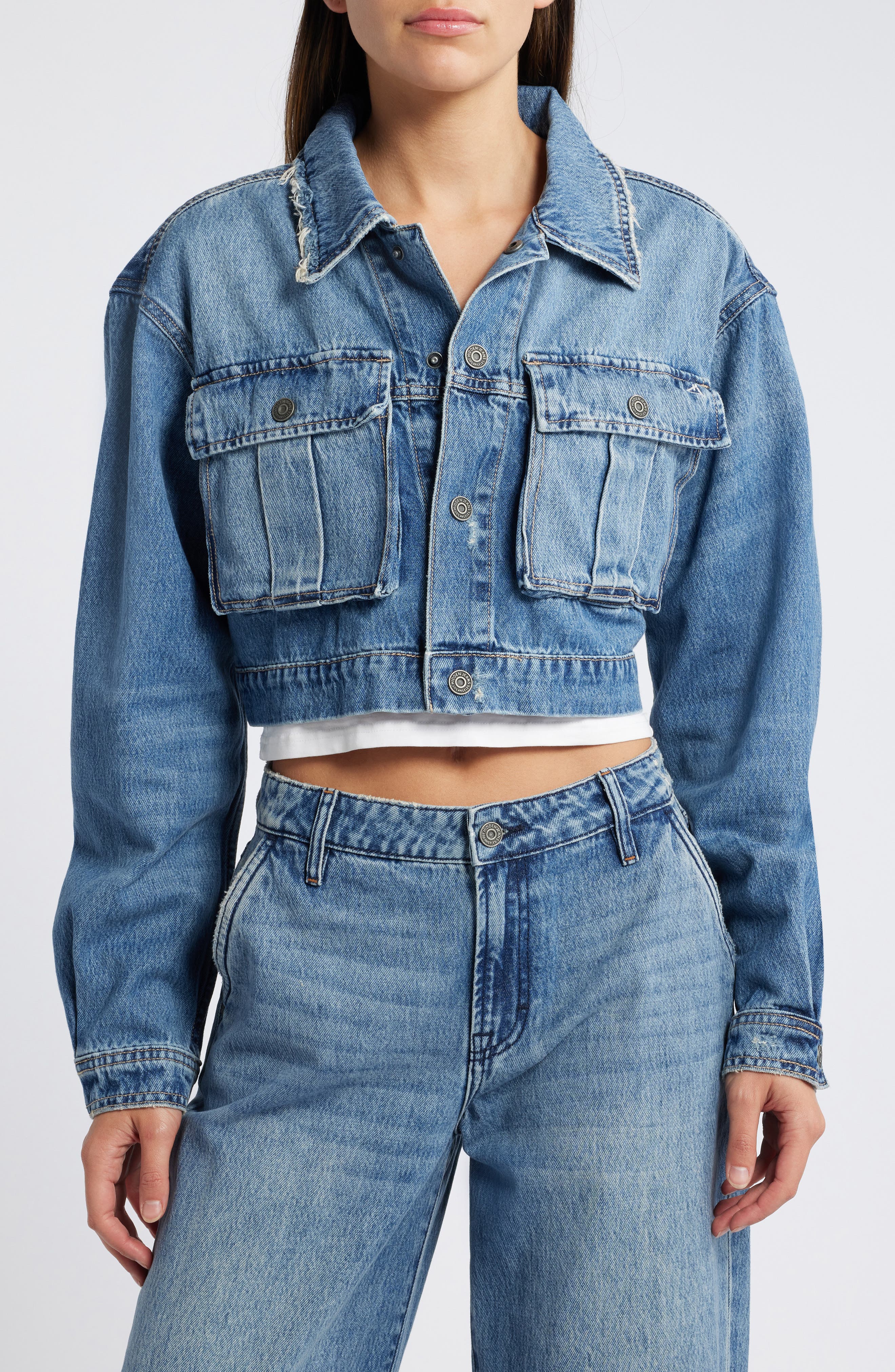 HIDDEN JEANS Distressed Denim Crop Cargo Jacket | Nordstrom