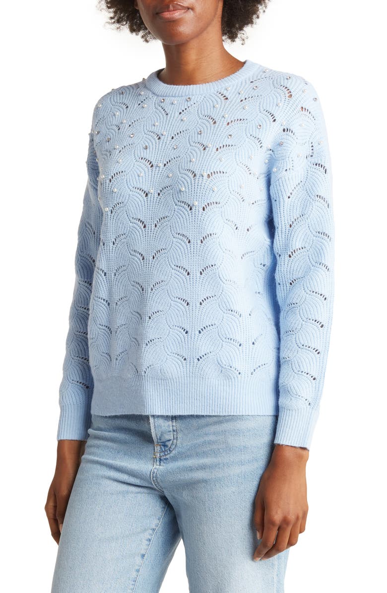 Nanette Lepore Imitation Pearl & Rhinestone Embellished Crew Sweater ...