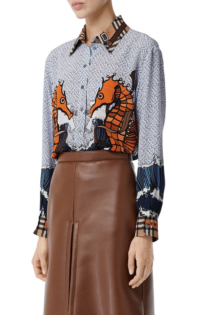 Burberry Juliette TB Seahorse Print Silk Blouse | Nordstromrack