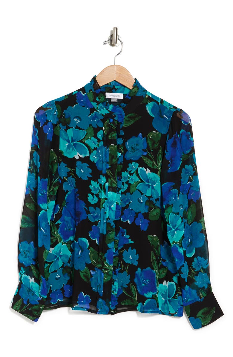 Calvin Klein Long Sleeve Floral Print Ruffle Woven Shirt | Nordstromrack