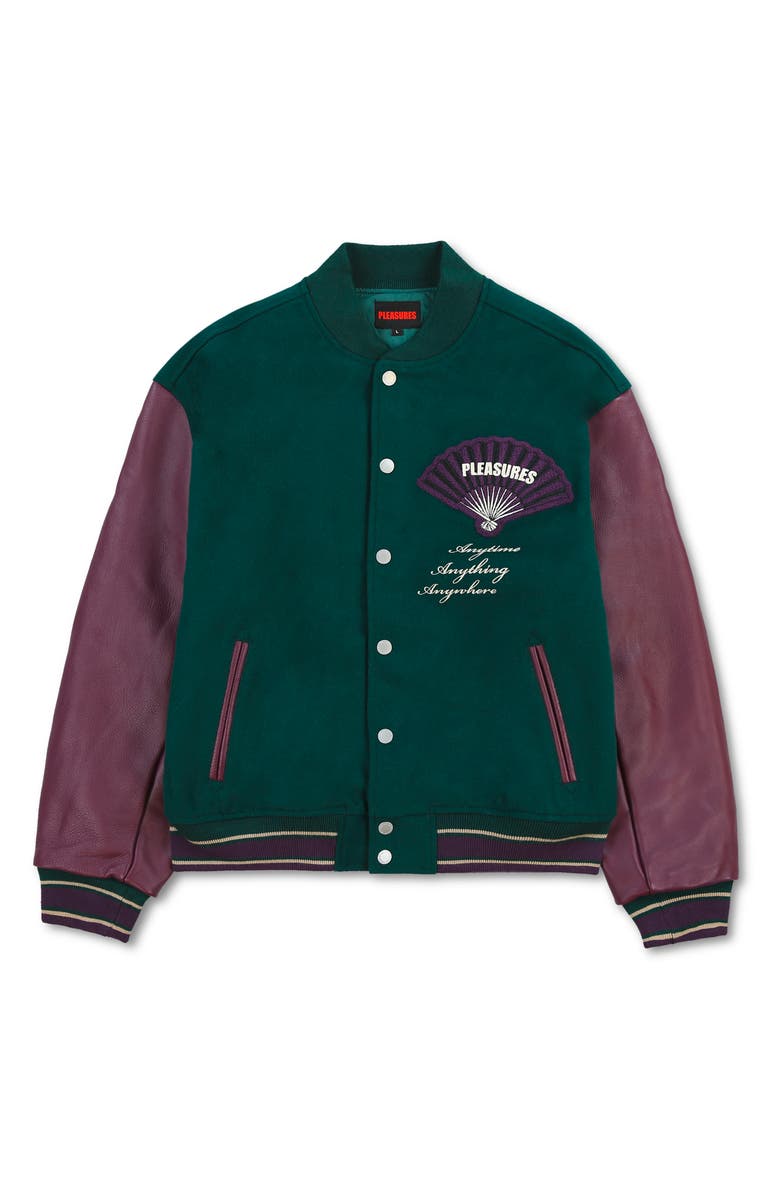 PLEASURES Fan Wool Blend & Leather Varsity Jacket | Nordstromrack
