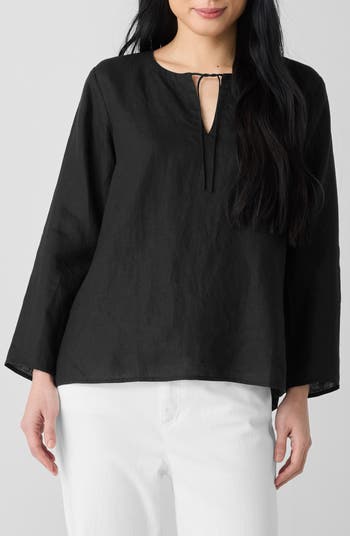 Eileen Fisher Split Neck Organic Linen Top | Nordstrom