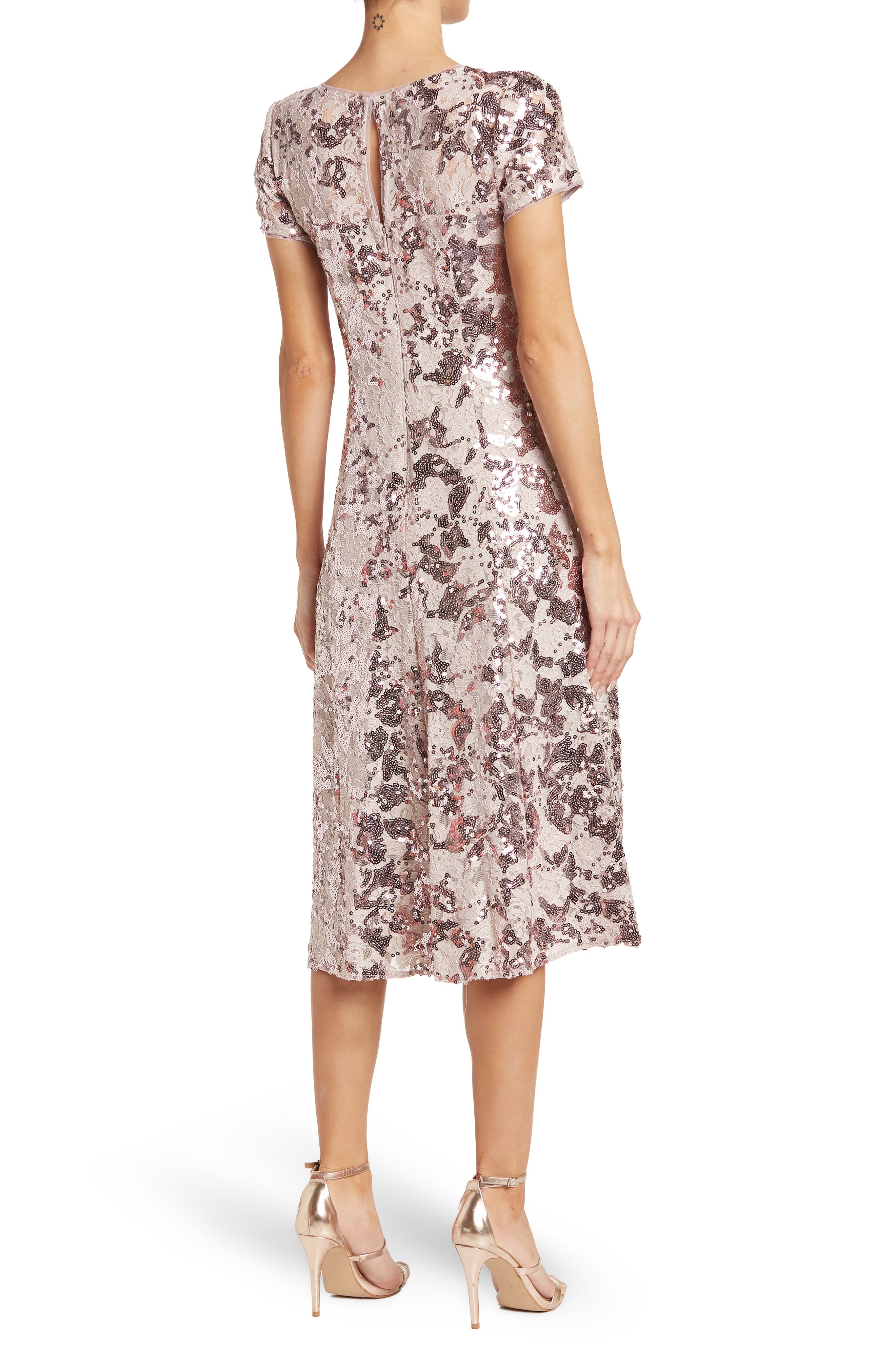 SLNY Cap Sleeve Metallic Lace Tea Length Dress | Nordstromrack