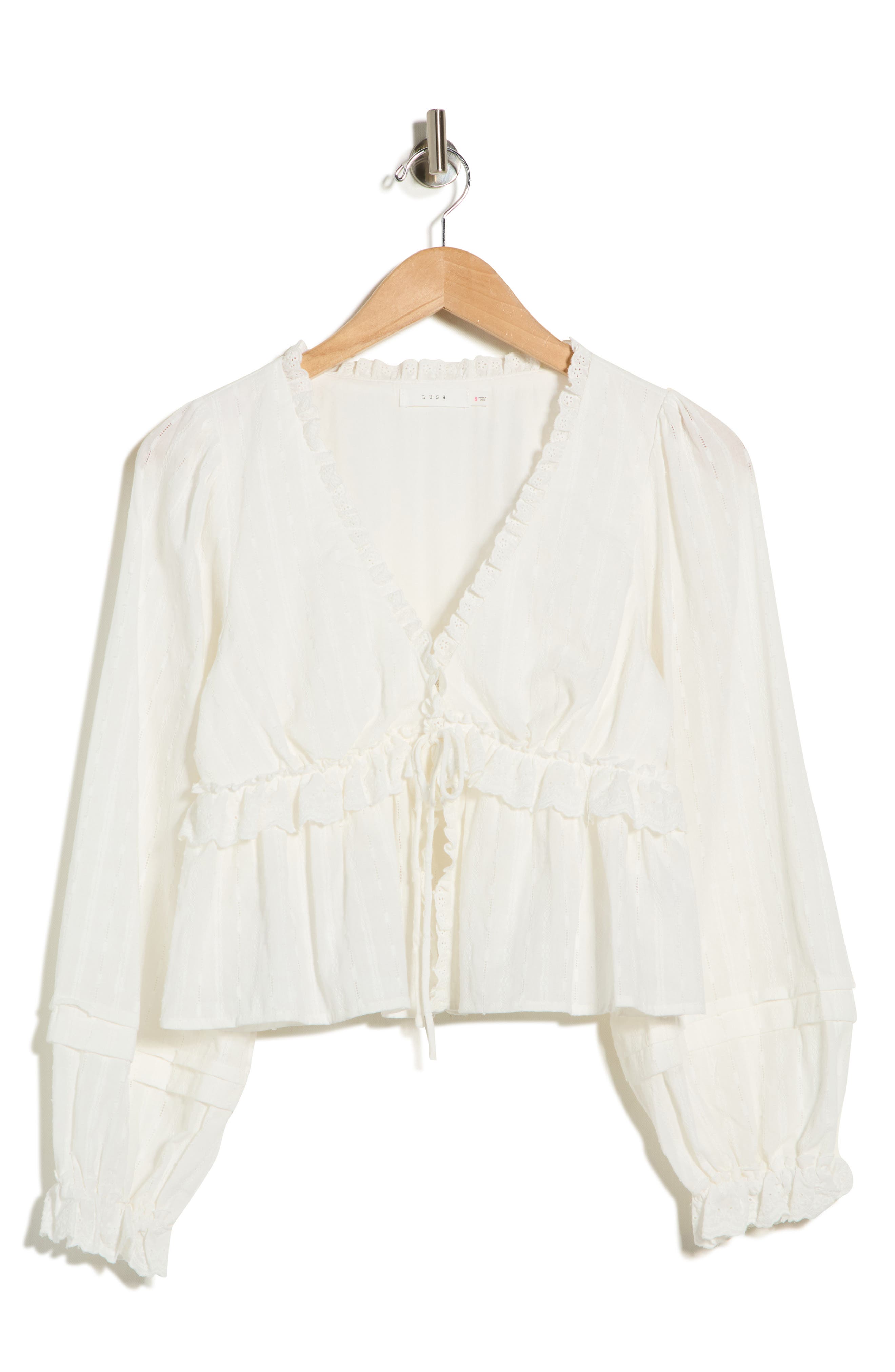 Lush Embroidered Eyelet Long Sleeve Peplum Crop Top | Nordstromrack