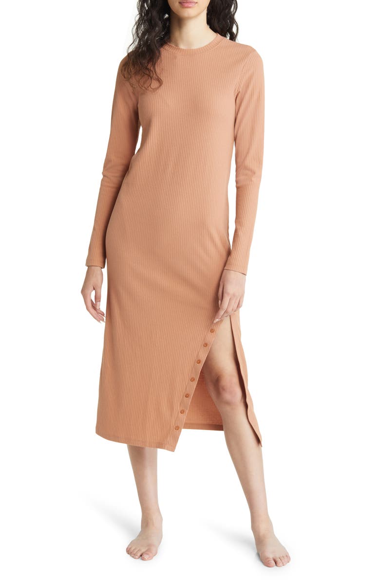 Open Edit Long Sleeve Rib Organic Cotton Blend Lounge Dress | Nordstromrack