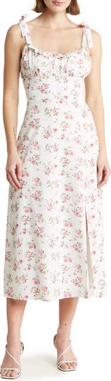 WAYF Floral Tie Strap Linen Blend Midi Dress | Nordstromrack