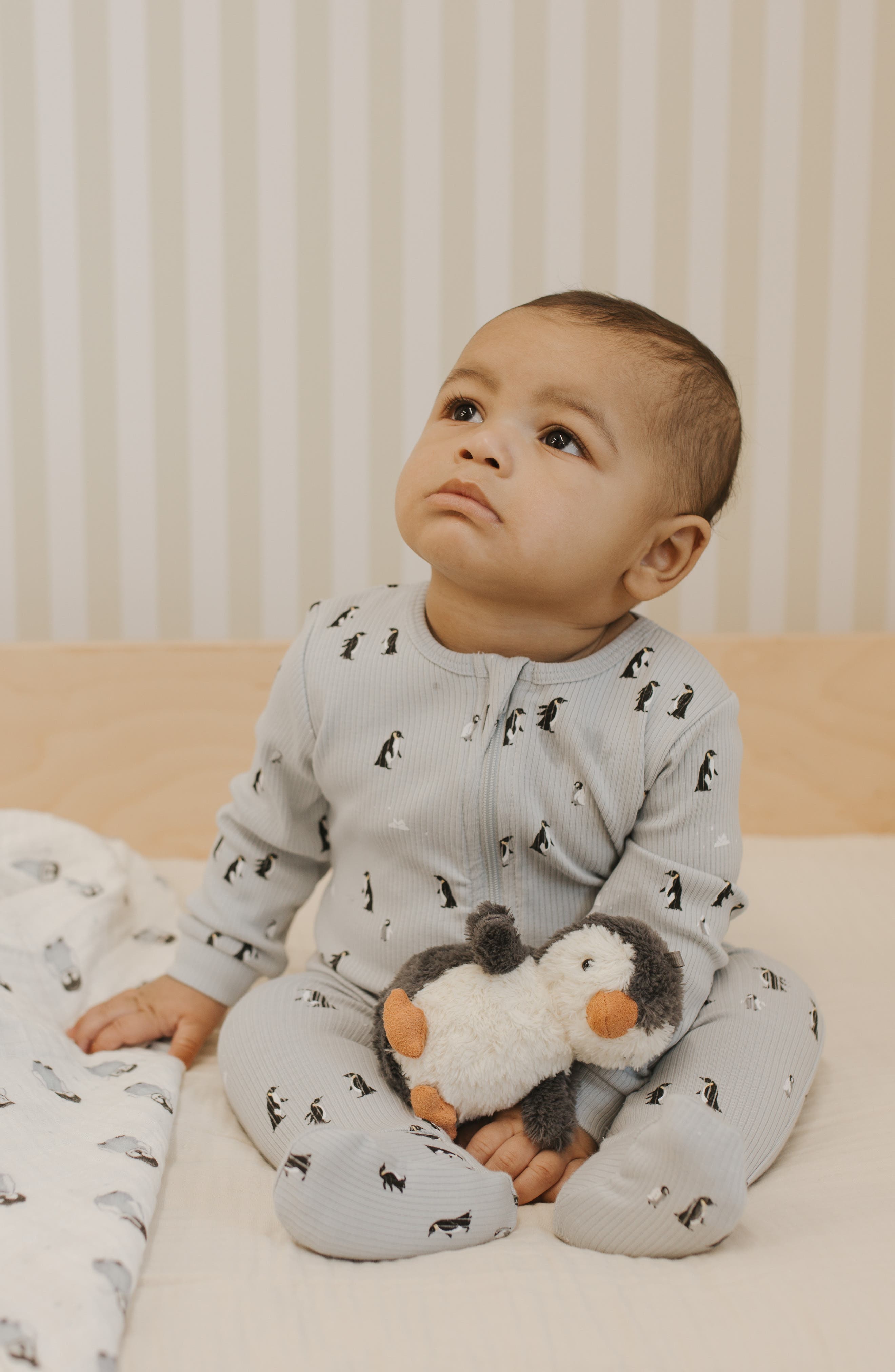 FIRSTS by Petit Lem Penguin Print Stretch Cotton Rib One-Piece Footed ...