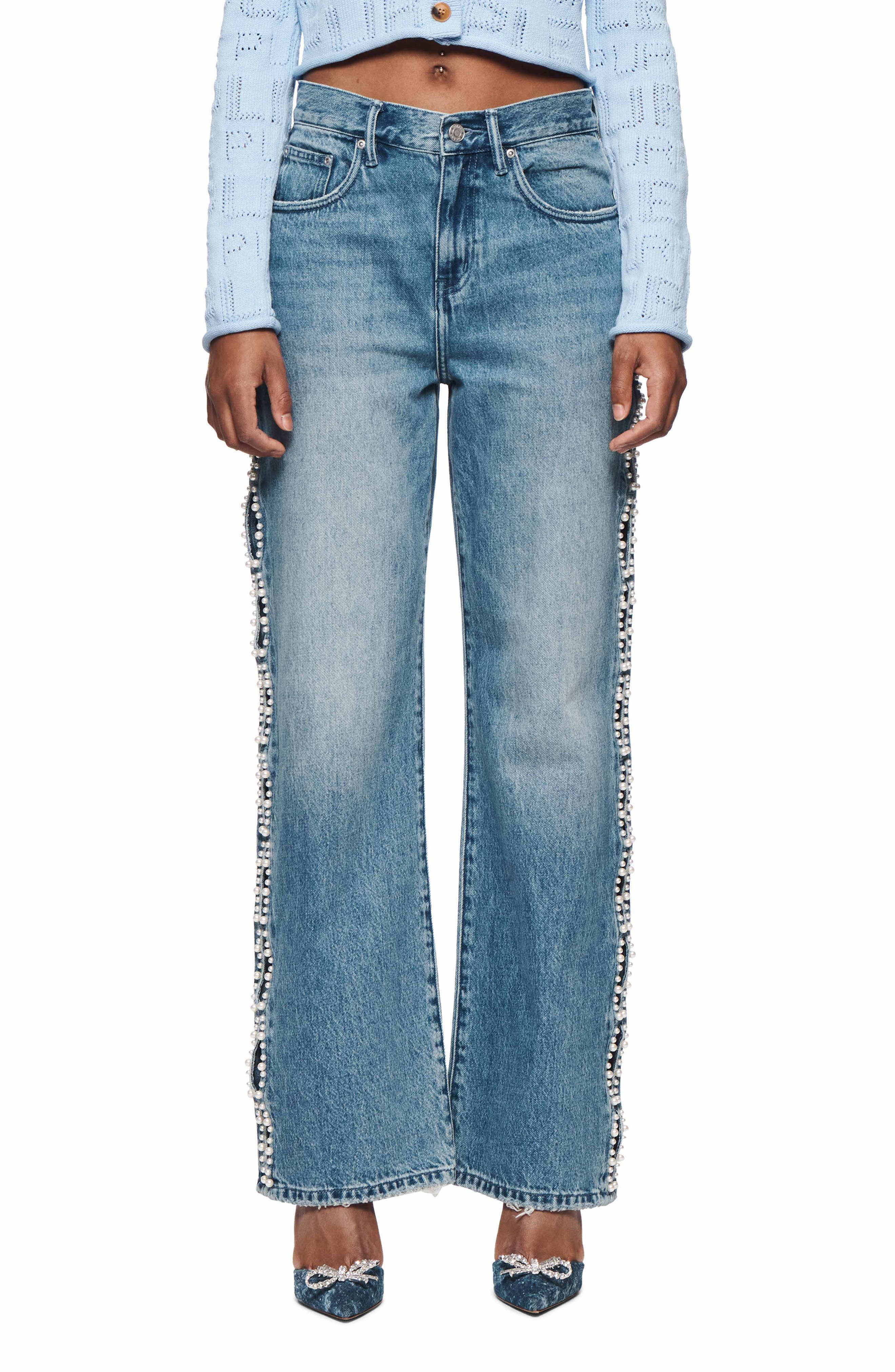 PURPLE BRAND Cutout Imitation Pearl Wide Leg Jeans | Nordstromrack