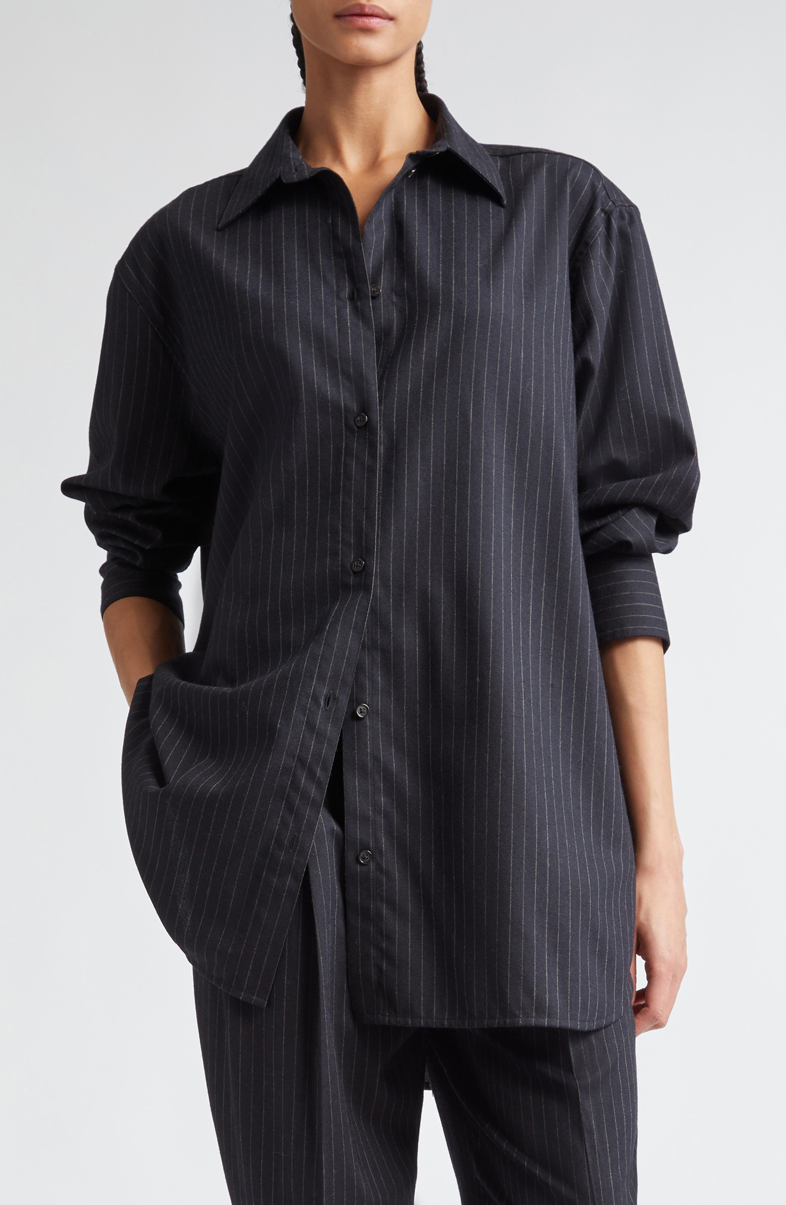 TOTEME Relaxed Fit Pinstripe Wool Blend Button-Up Shirt (Women ...