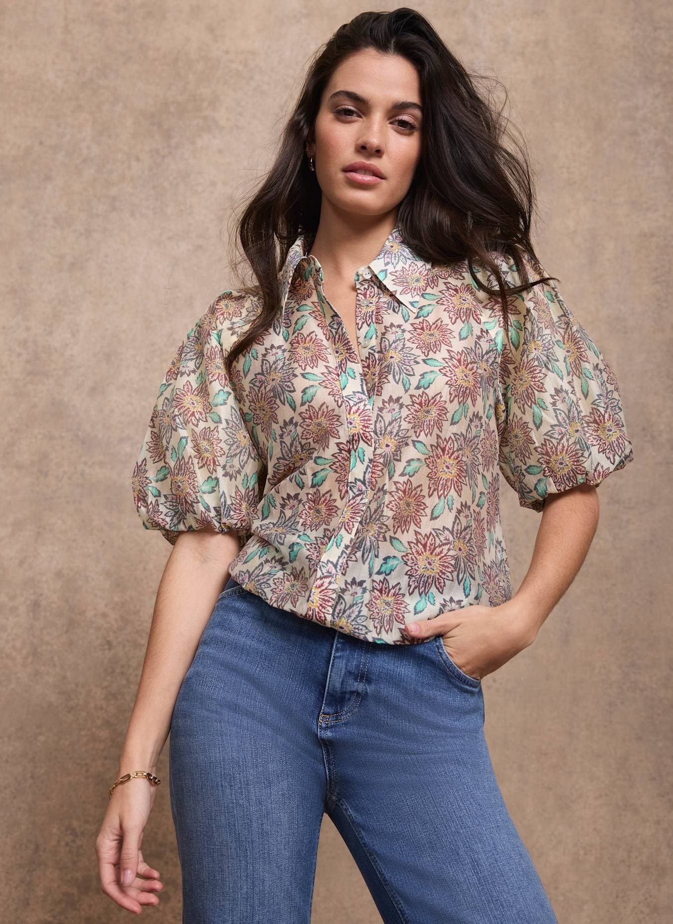 MINT VELVET Floral Print Puff Sleeve Shirt | Nordstrom