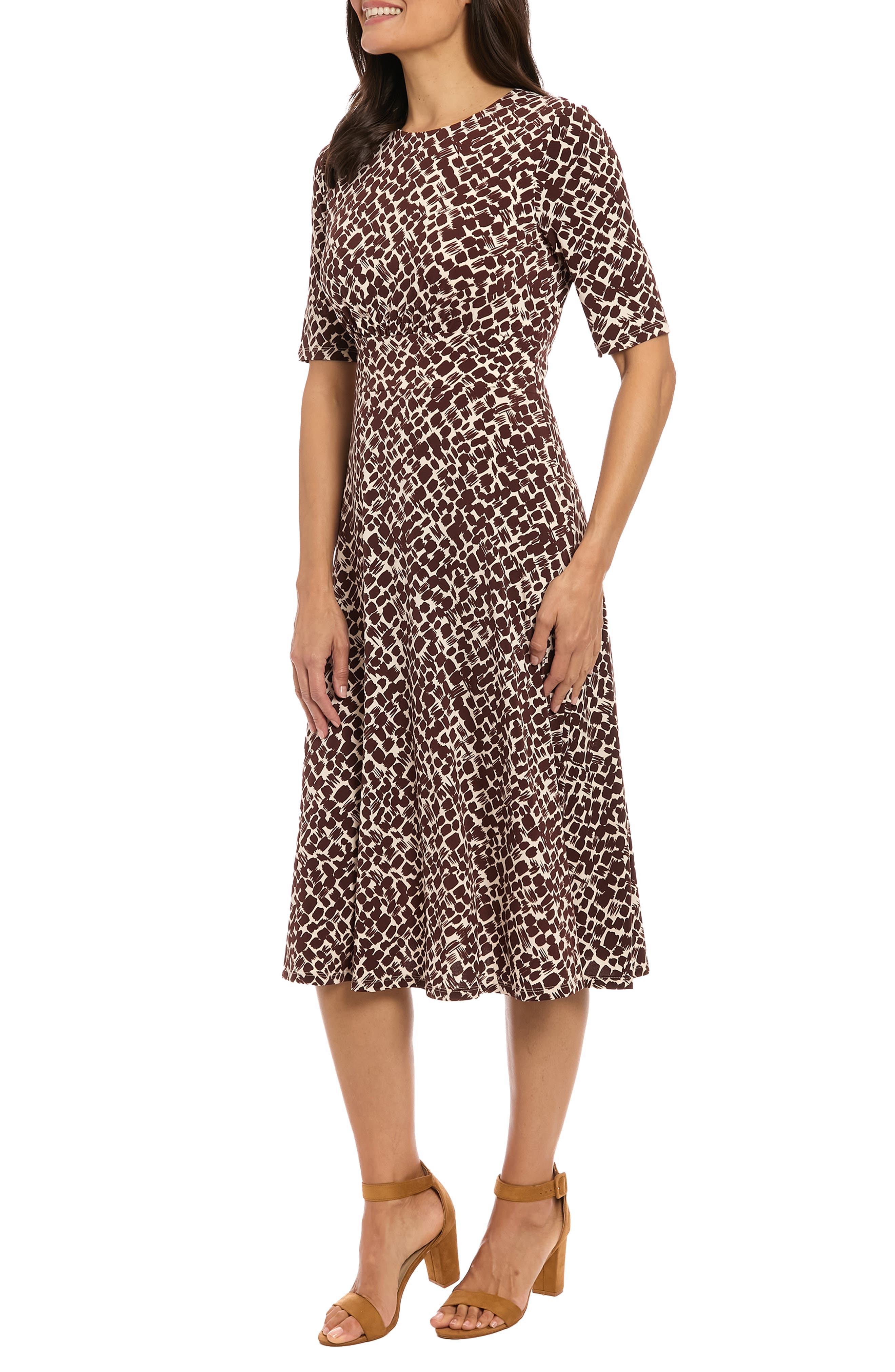 London Times Short Sleeve Inset Waist Fit & Flare Midi Dress ...