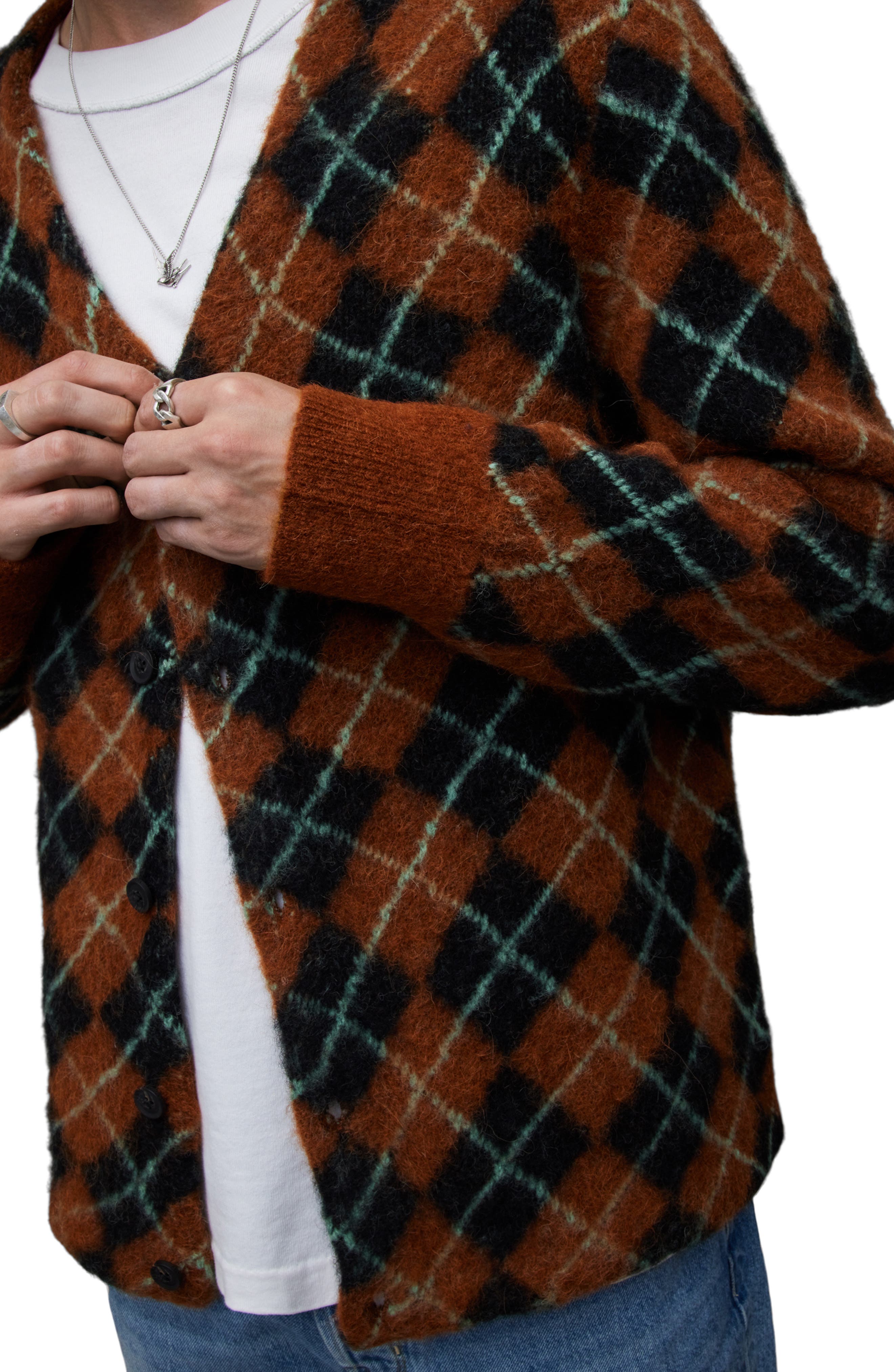 AllSaints Fitzroy Alpaca & Wool Blend Argyle Cardigan | Nordstrom