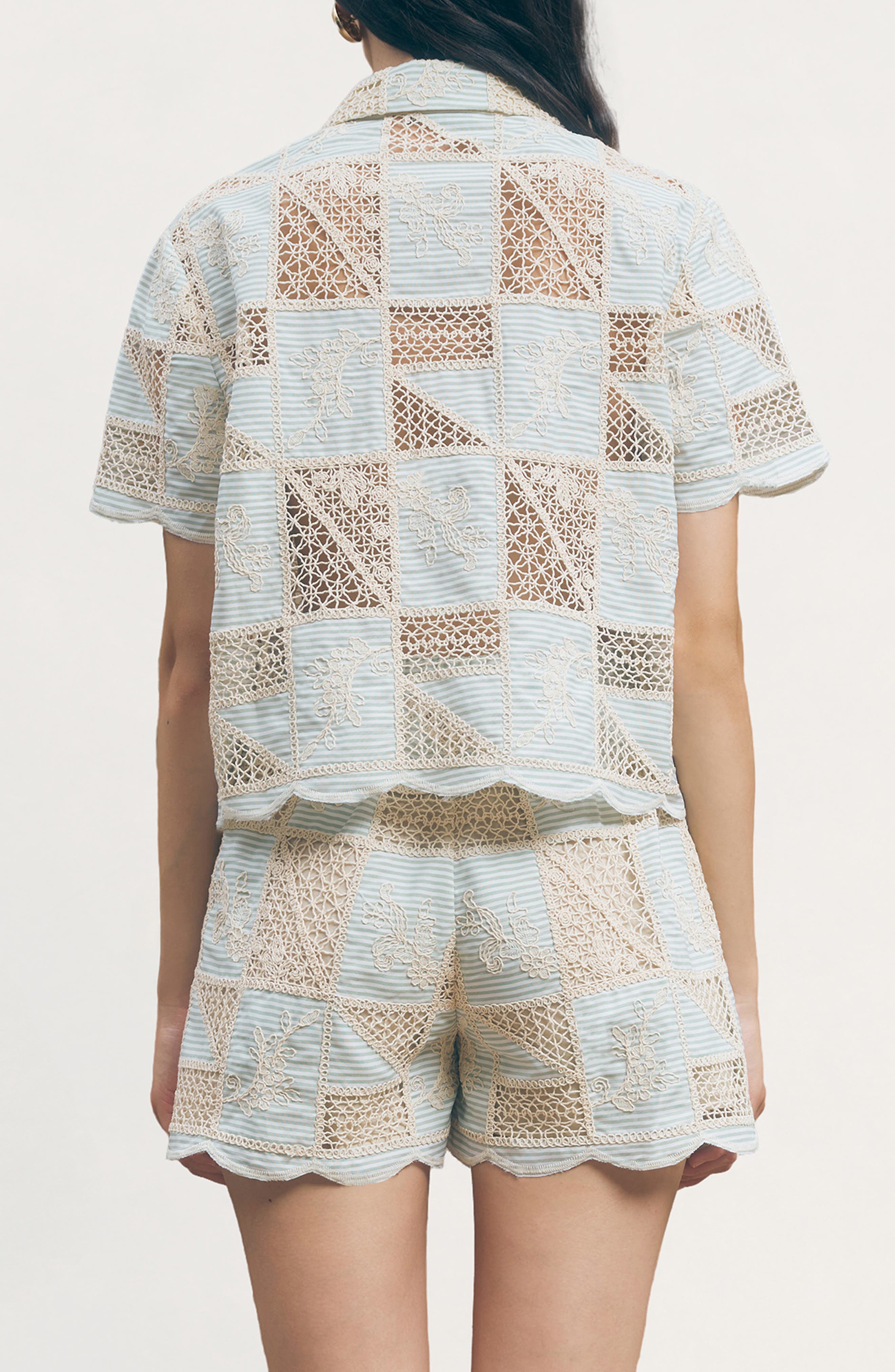MAUDE CLUB Patchwork Crochet Button-Up Camp Collar Shirt | Nordstrom