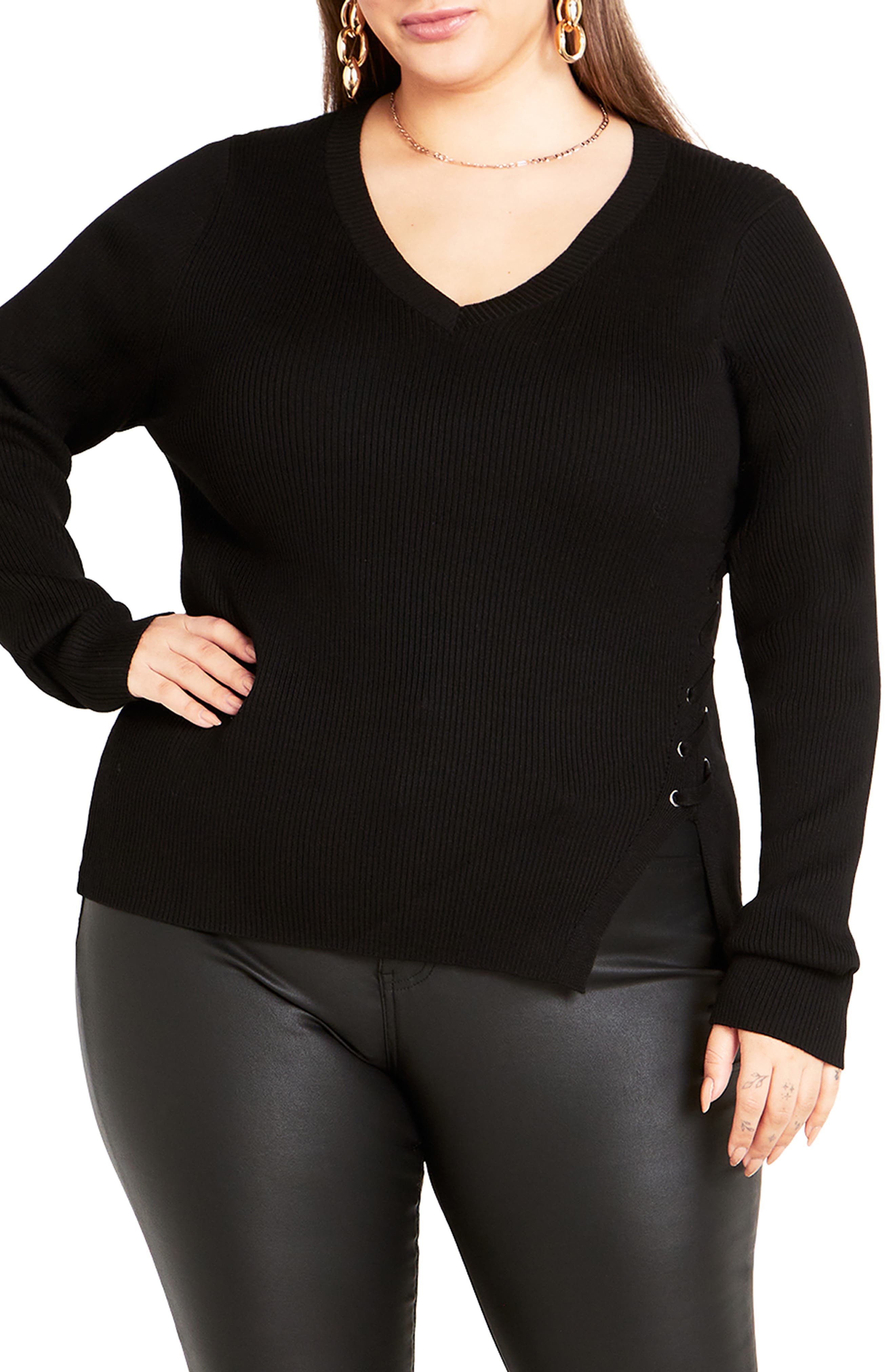 City Chic Charlie Lace-Up Side Rib Sweater | Nordstromrack