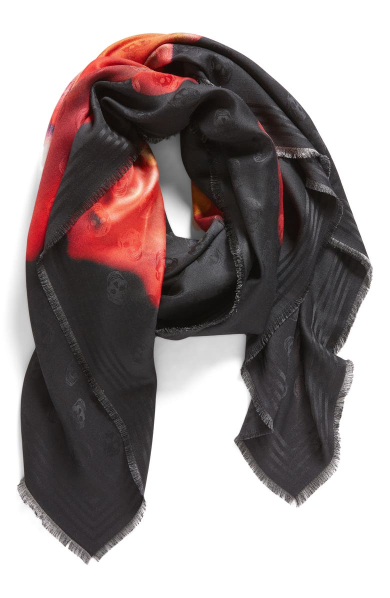 McQueen Solorised Floral Skull Jacquard Silk & Wool Scarf | Nordstromrack
