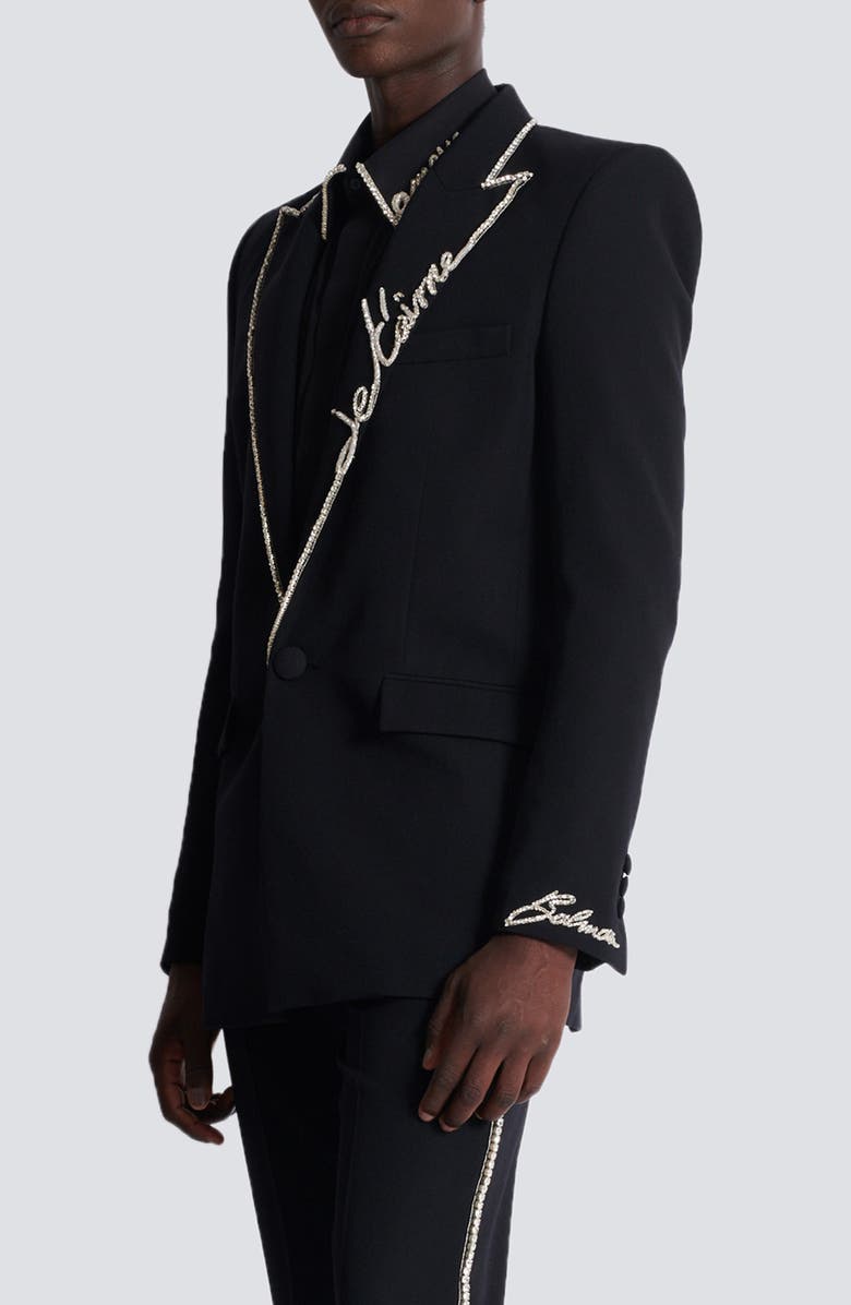 Balmain Love Letter Crystal Piping Wool Grain de Poudre 1-Button Jacket ...