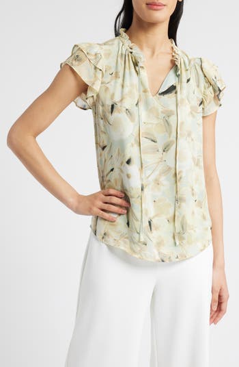 Anne Klein Ruffle Sleeve Tie Neck Top | Nordstrom
