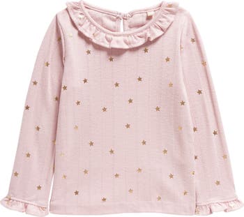 Mini Boden Kids' Pointelle Gold Star Ruffle Neck Top | Nordstromrack