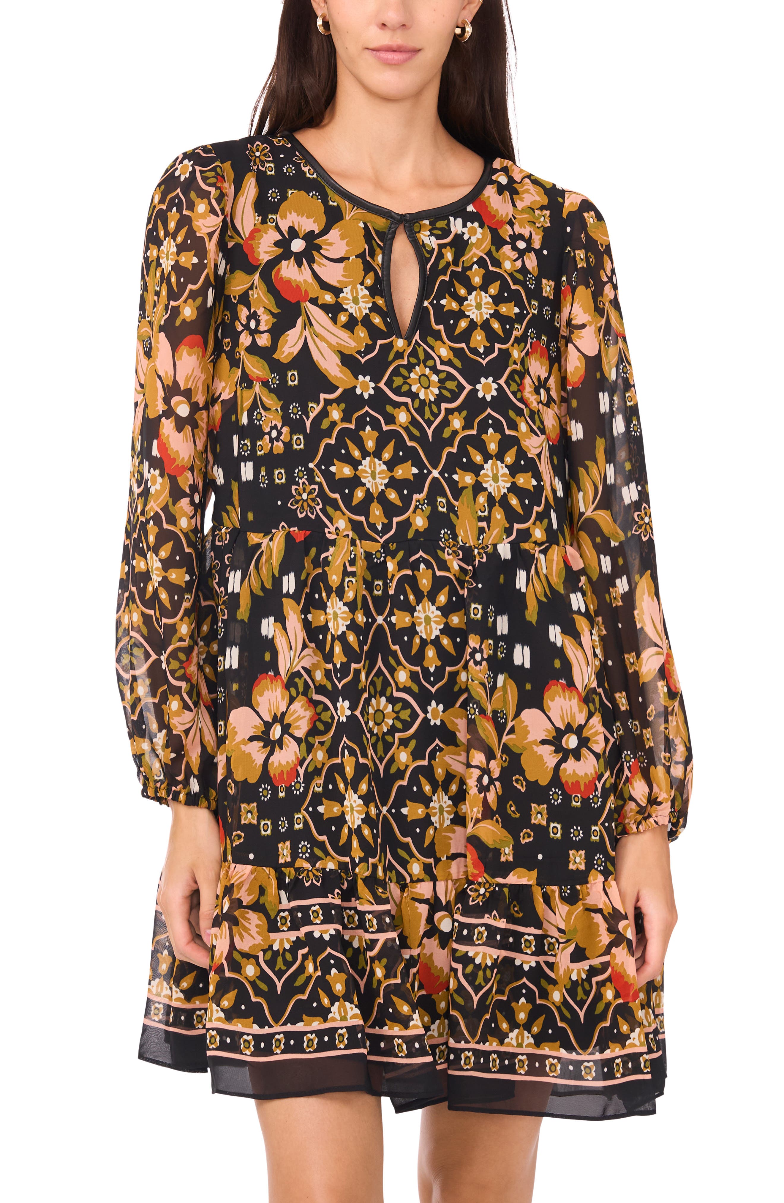 Halogen® Tiered Long Sleeve Keyhole Dress | Nordstromrack