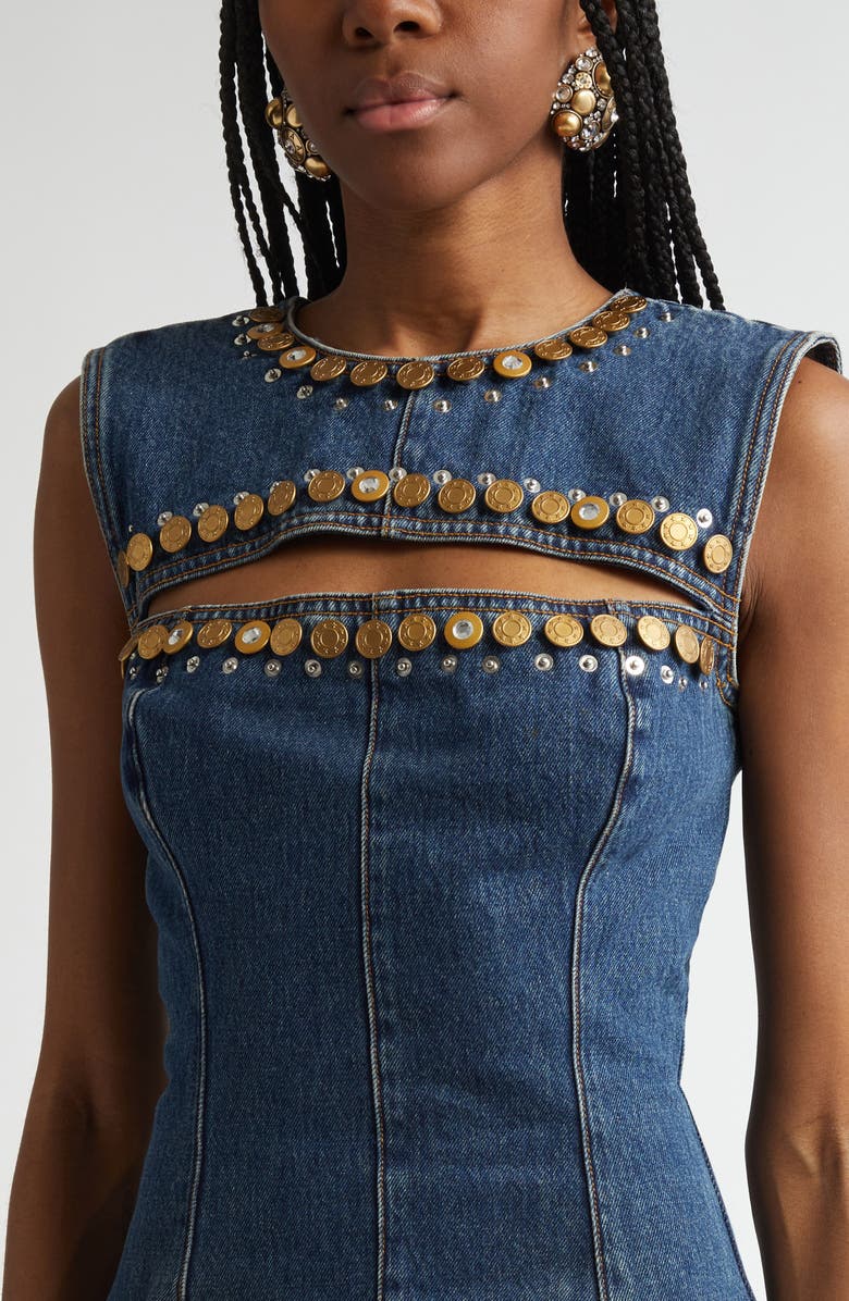 Area Crystal Button Studded Cutout Denim Minidress | Nordstromrack