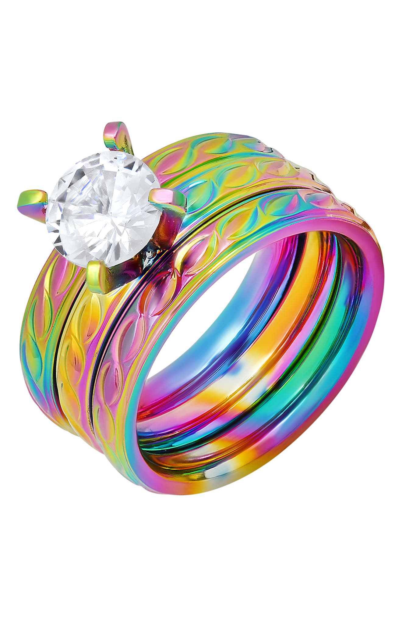 HMY JEWELRY Rainbow IP Stainless Steel Simulated Diamond Solitaire Ring ...