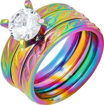HMY JEWELRY Rainbow IP Stainless Steel Simulated Diamond Solitaire Ring ...