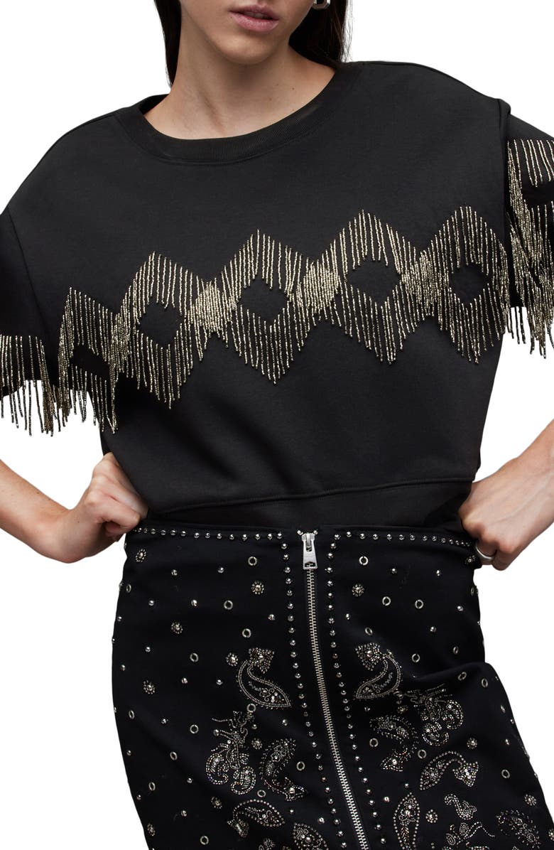 AllSaints Zaniah Beaded Tassel Cotton Blend Sweatshirt | Nordstromrack