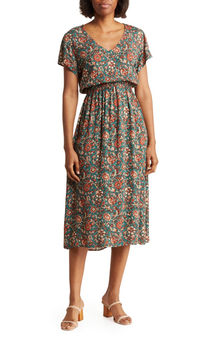 Bobeau Floral Short Sleeve Midi Dress | Nordstromrack