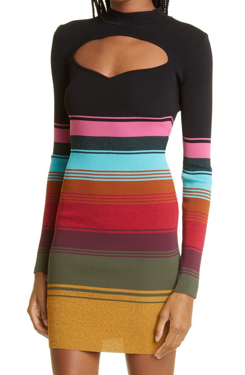 STAUD Clara Stripe Cutout Ribbed Long Sleeve Sweater Dress | Nordstromrack