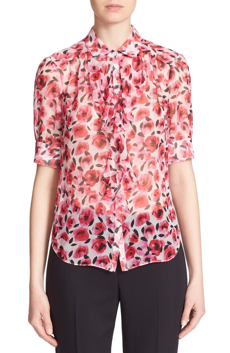 Kate Spade New York rose print ruffle silk shirt | Nordstrom