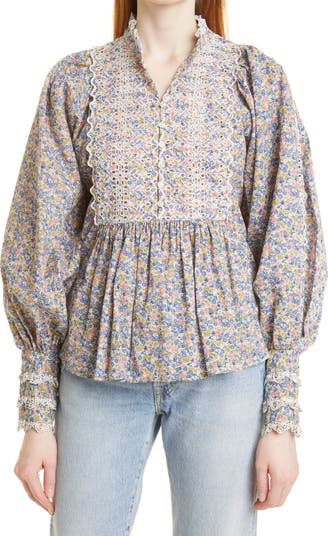 byTiMo Floral Print Ruffle Embroidered Cotton Blouse | Nordstrom