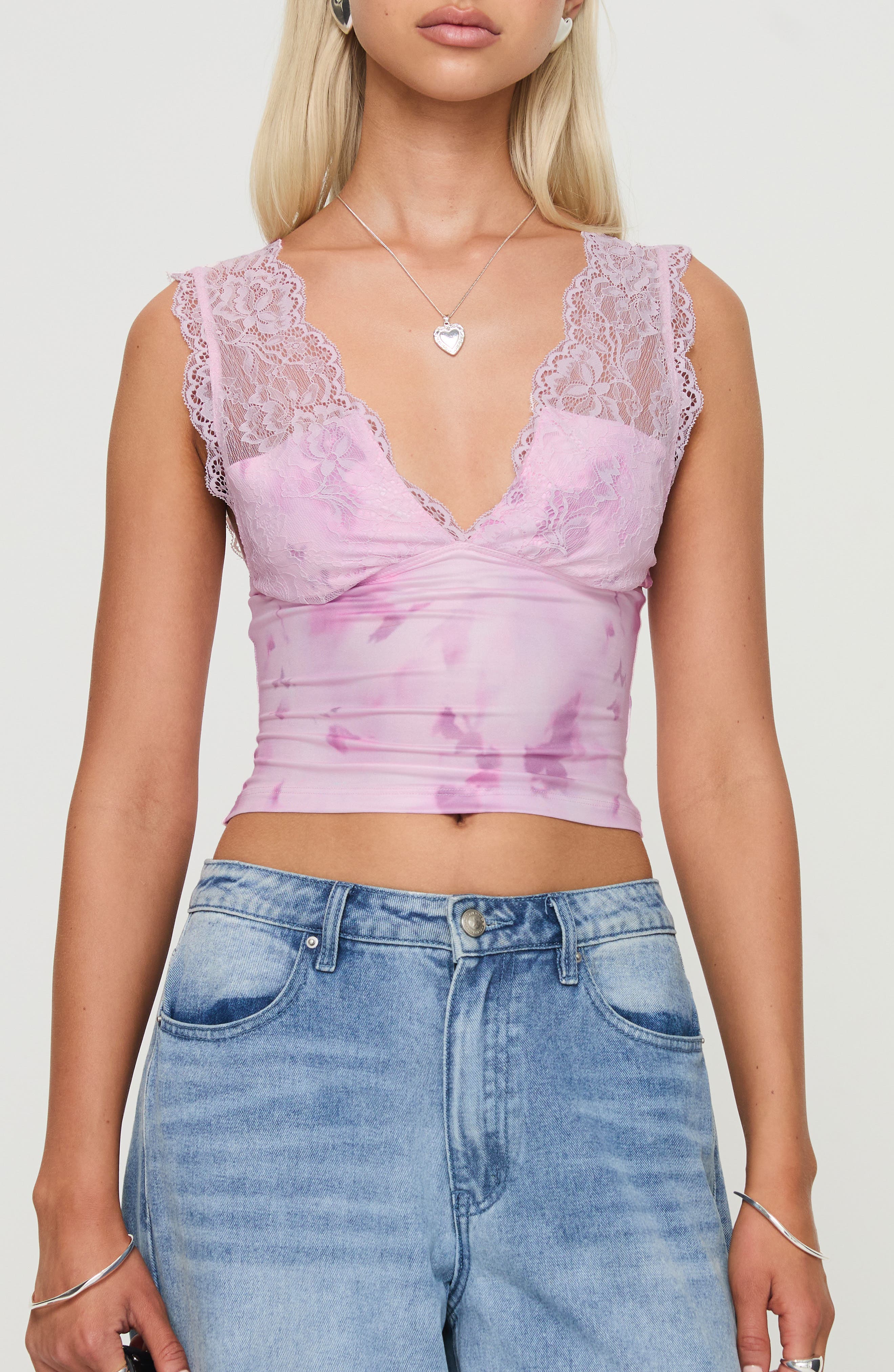 Princess Polly Typha Print Lace Trim Tank Top | Nordstrom