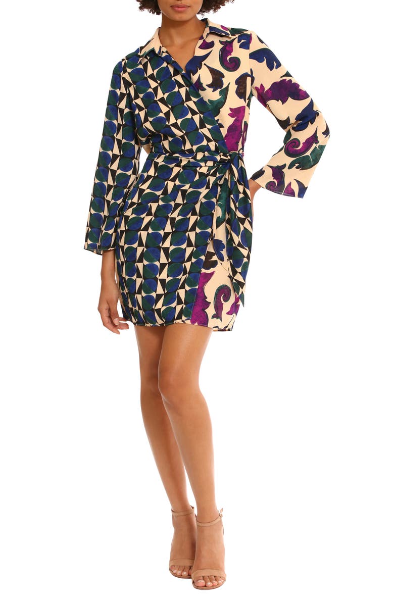 DONNA MORGAN FOR MAGGY Mixed Print Long Sleeve Wrap Minidress ...