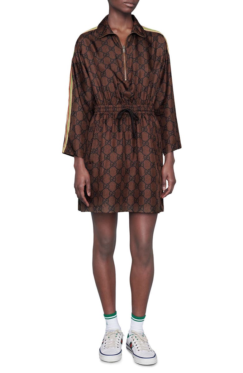 Gucci Logo Jacquard Long Sleeve Silk Twill Minidress | Nordstrom