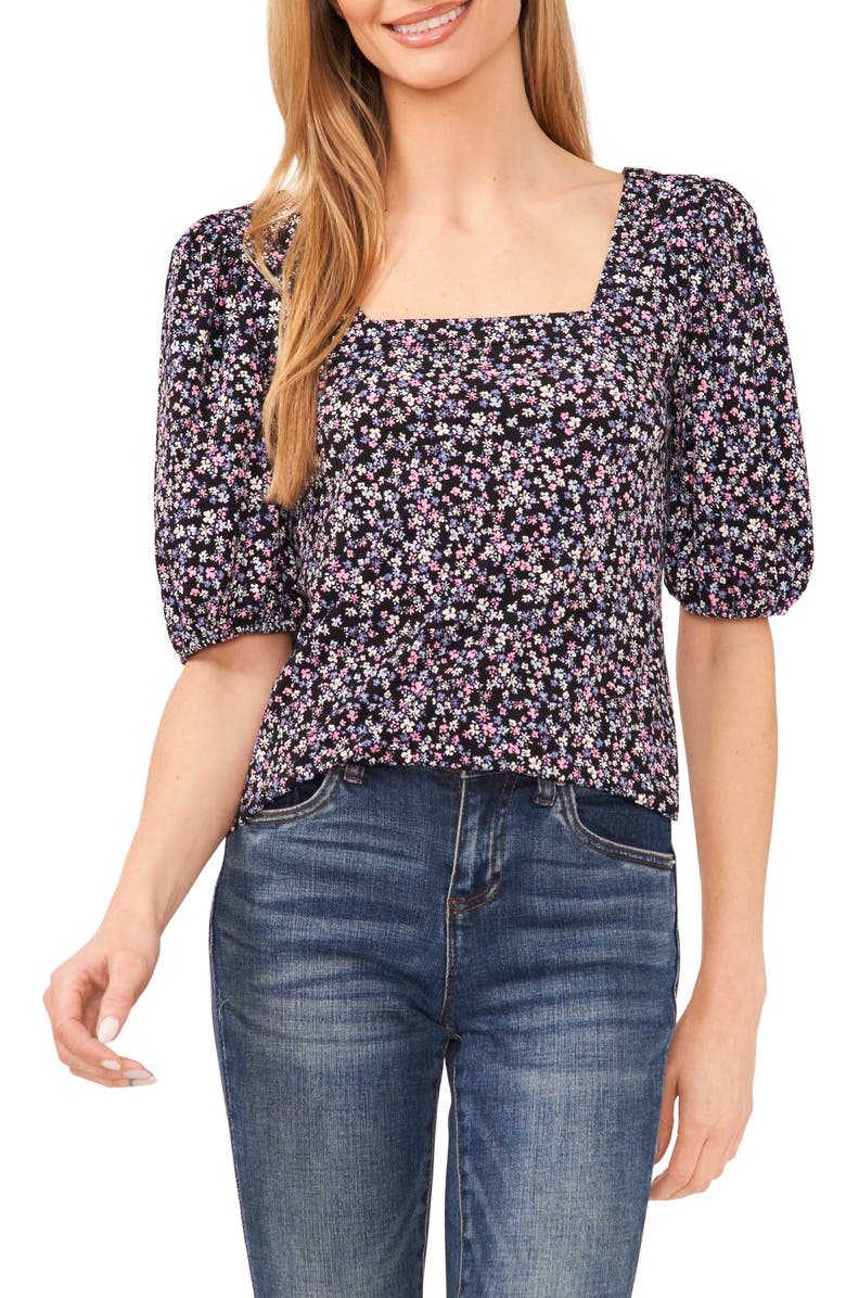 CeCe Floral Puff Sleeve Square Neck Top | Nordstromrack