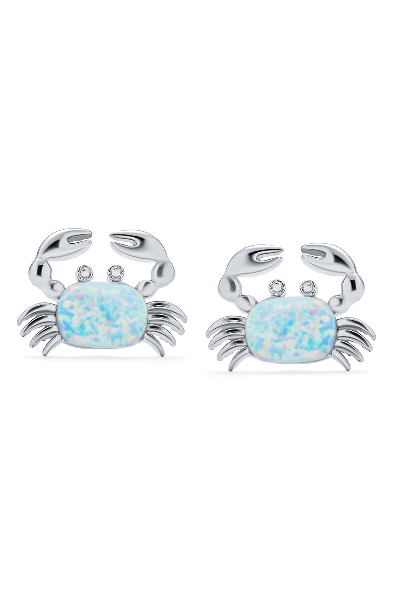 Rhodium Plated Sterling Silver Created Opal Crab Stud Earrings (Women ...