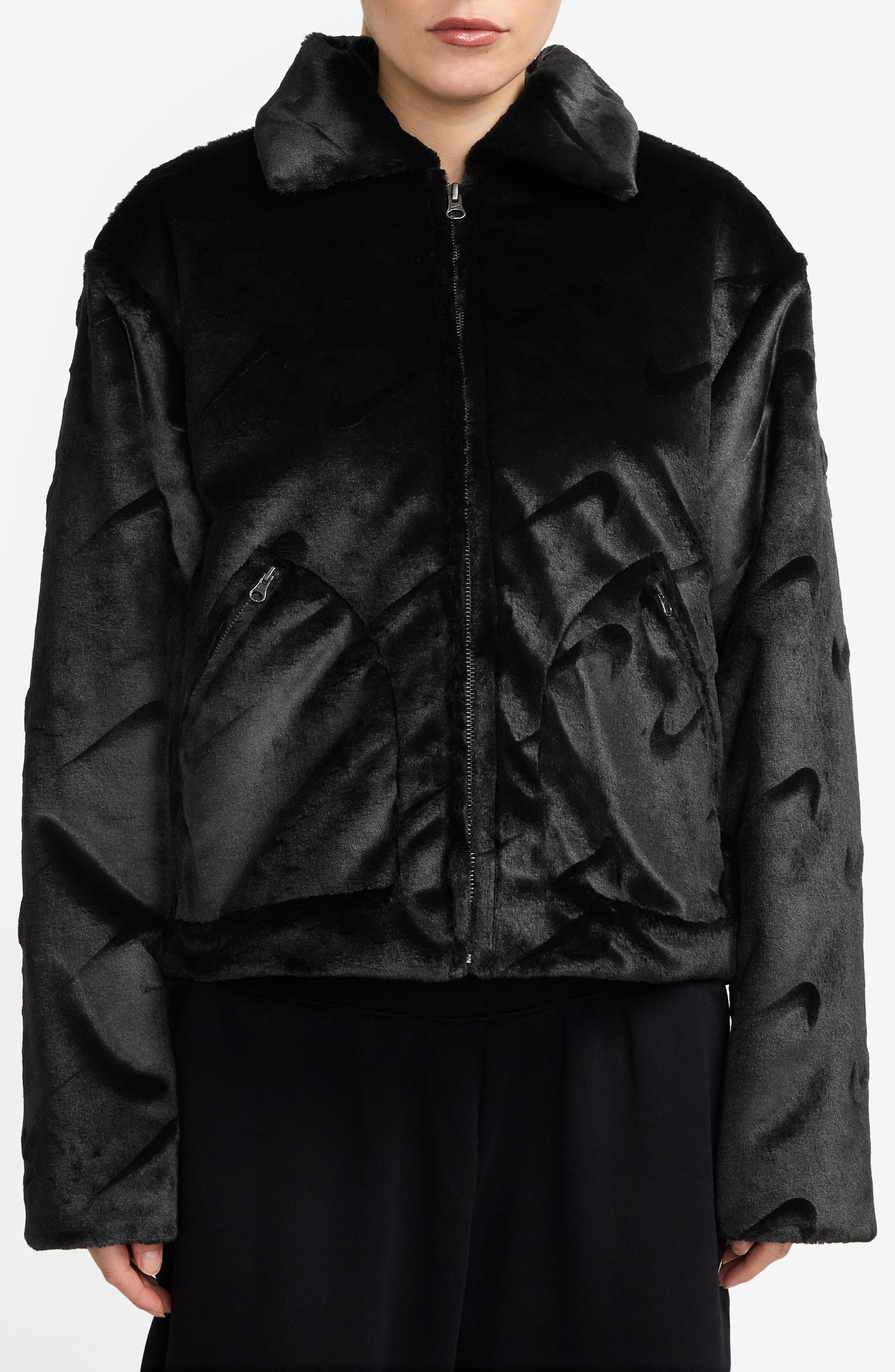 Nike Sportswear Essential Loose Fit Logo Debossed Faux Fur Jacket ...