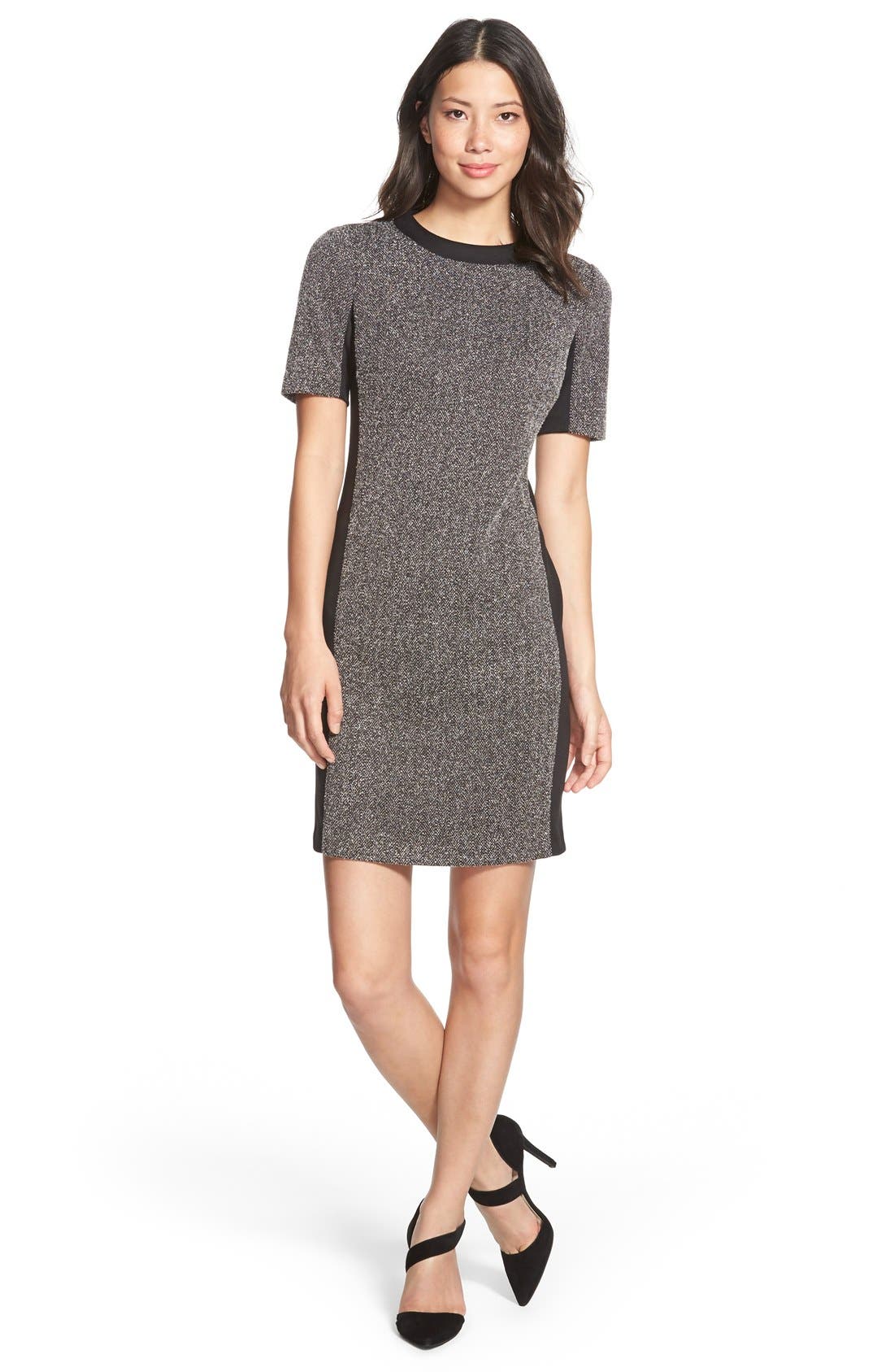 Halogen® Mixed Media Short Sleeve Fitted Dress | Nordstrom