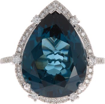 EFFY 14K White Gold Pear London Blue Topaz & Pavé Diamond Ring ...