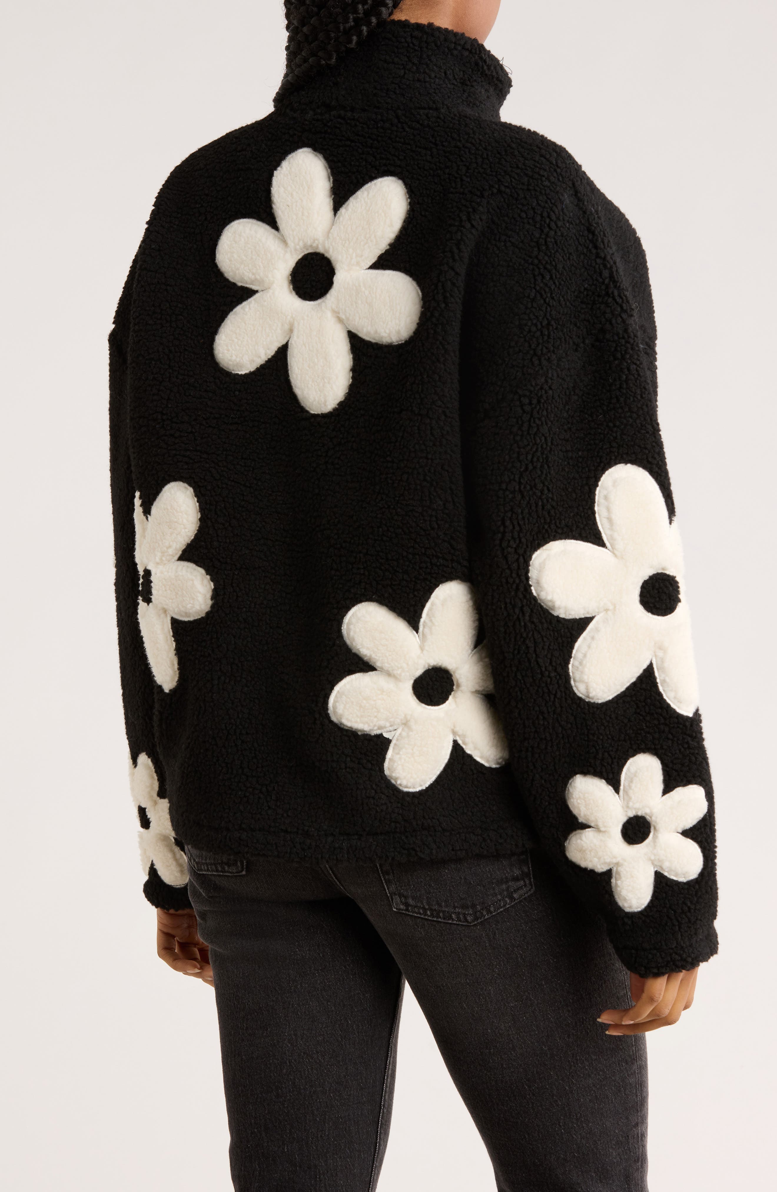 INTERNATIONAL DESIGNER Flower Appliqué Faux Shearling Zip Jacket ...
