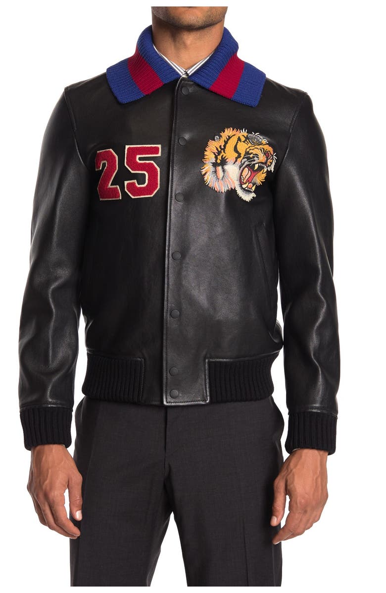 Gucci Varsity Applique Leather Bomber Jacket | Nordstromrack