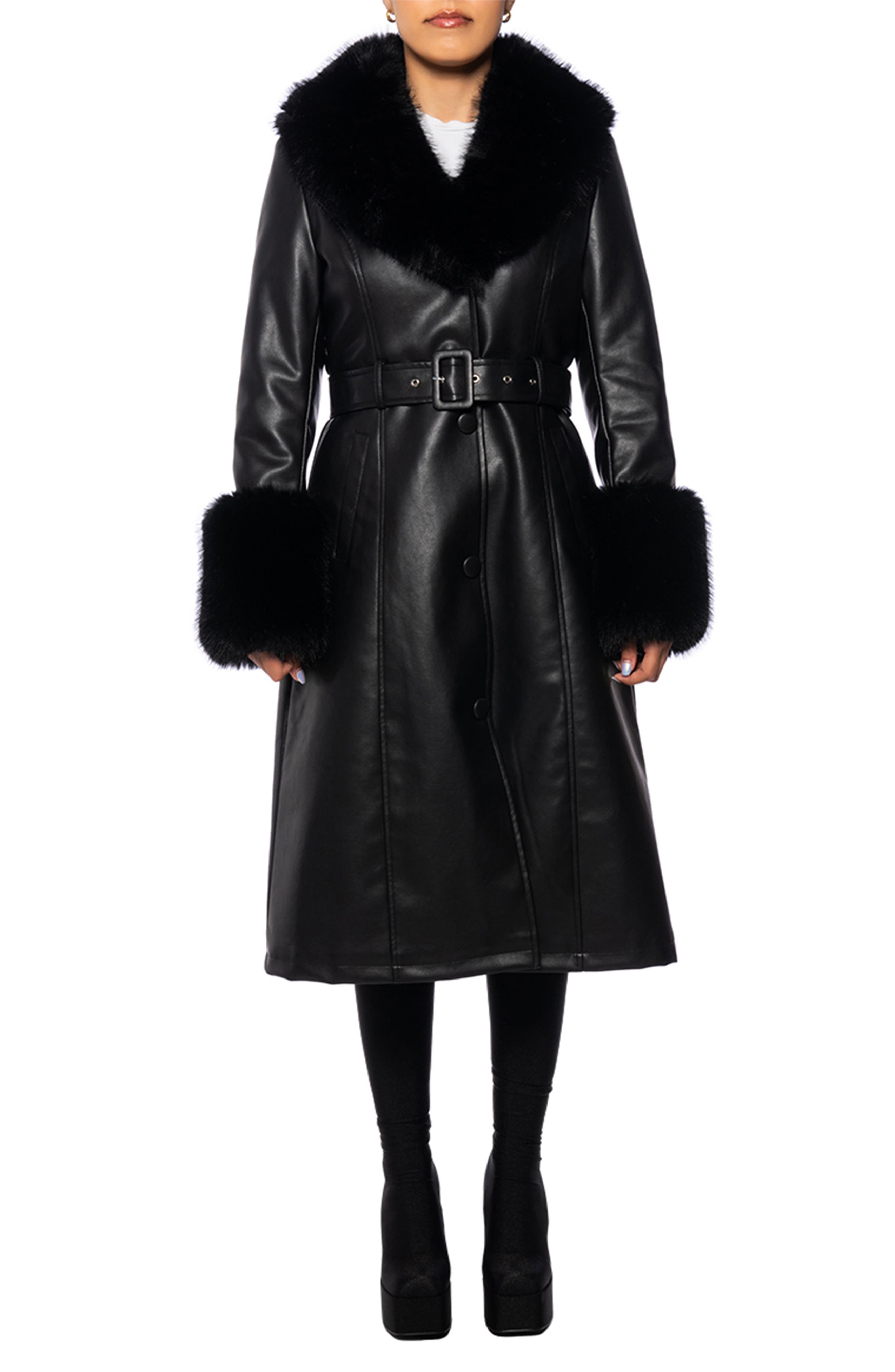 AZALEA WANG Belted Faux Leather Trench Coat with Faux Fur Trim | Nordstrom