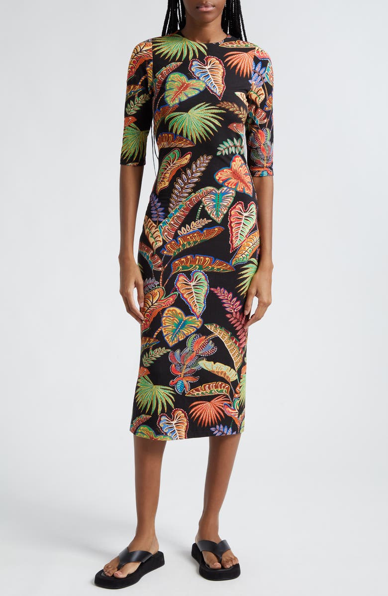 FARM Rio Cool Foliage Elbow Sleeve Jersey Midi Dress | Nordstromrack