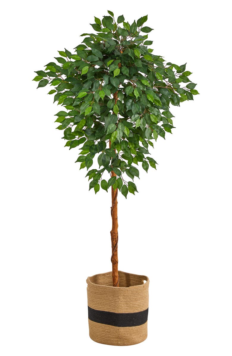 NEARLY NATURAL 7.5 ft. Ficus Tree Artificial Plant in Woven Basket ...