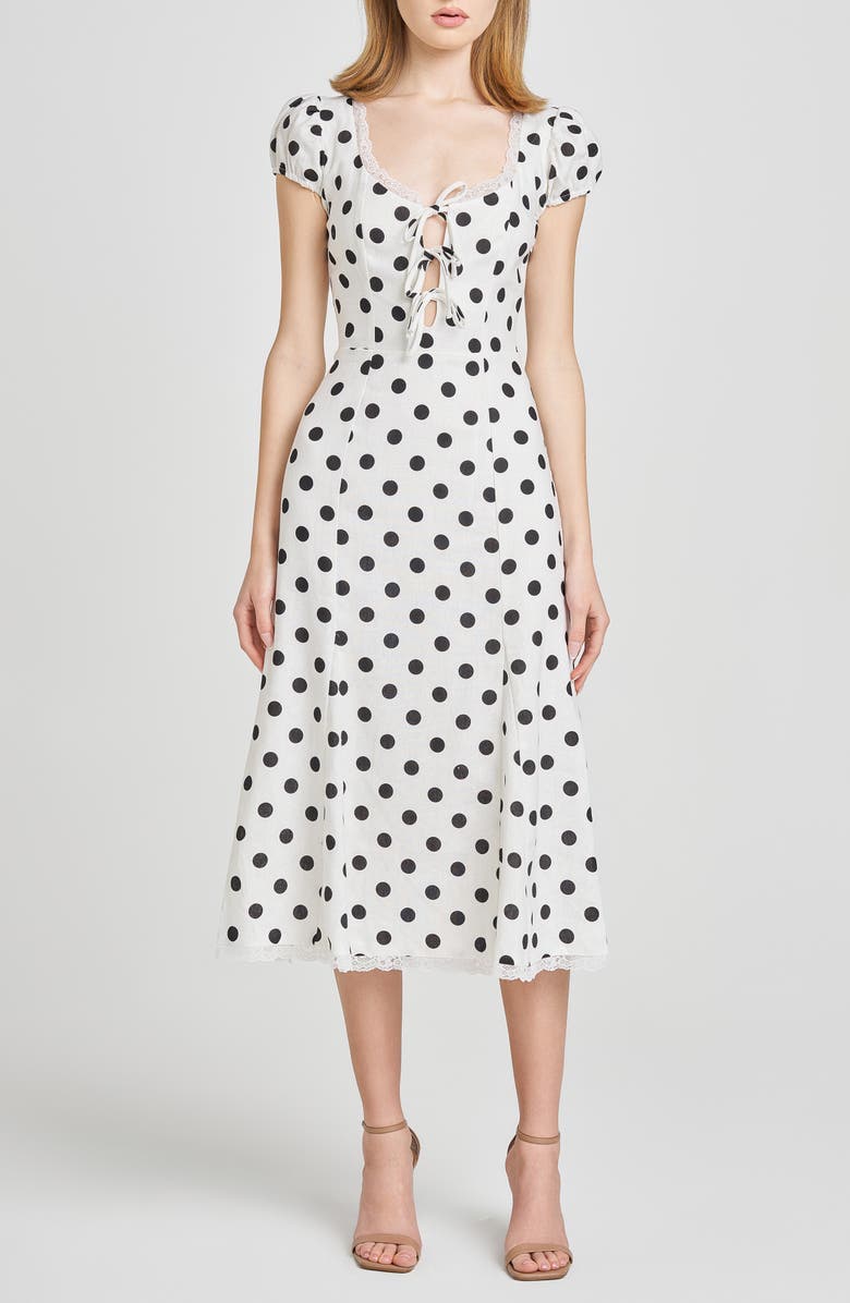WAYF Cara Polka Dot Cap Sleeve Linen Blend Midi Dress | Nordstromrack