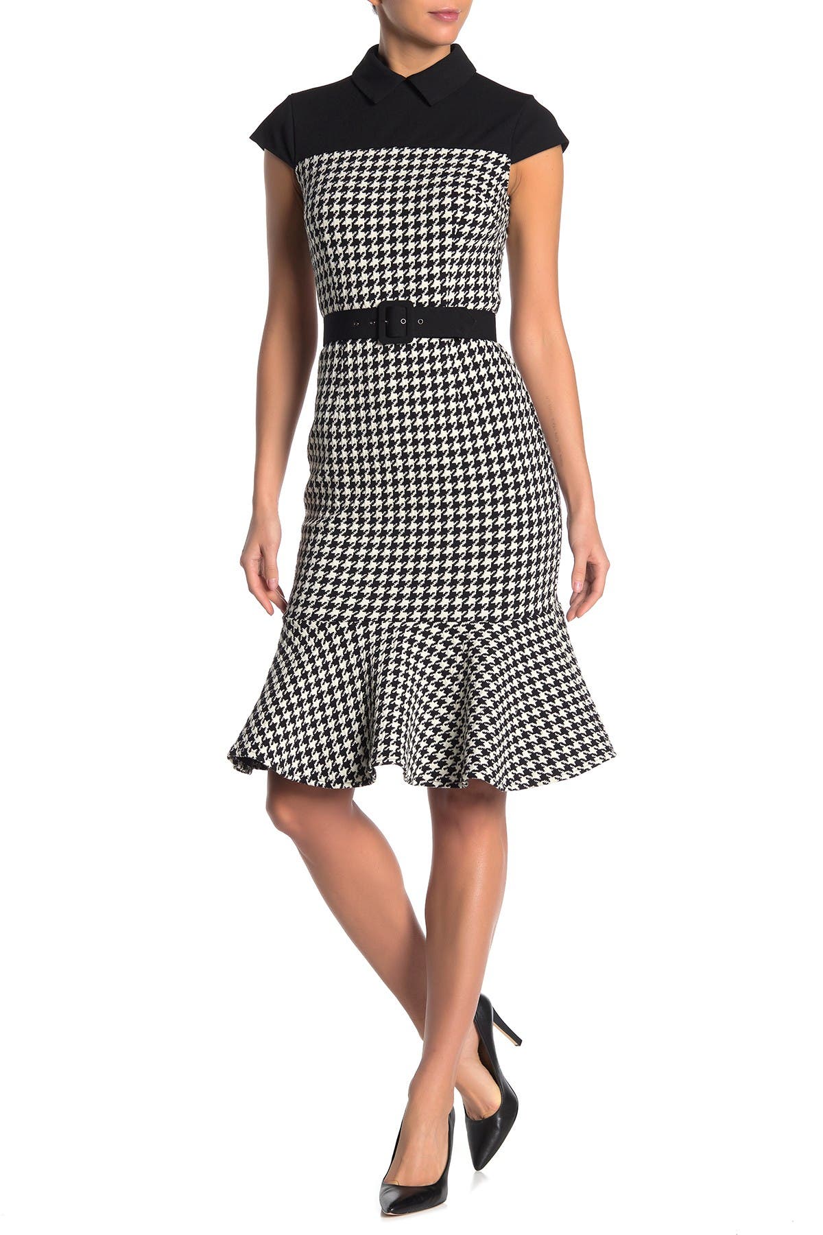 Maggy London Houndstooth Belted Flounced Sheath Dress | Nordstromrack