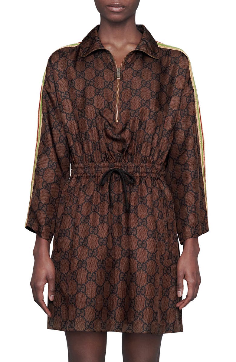 Gucci Logo Jacquard Long Sleeve Silk Twill Minidress | Nordstrom