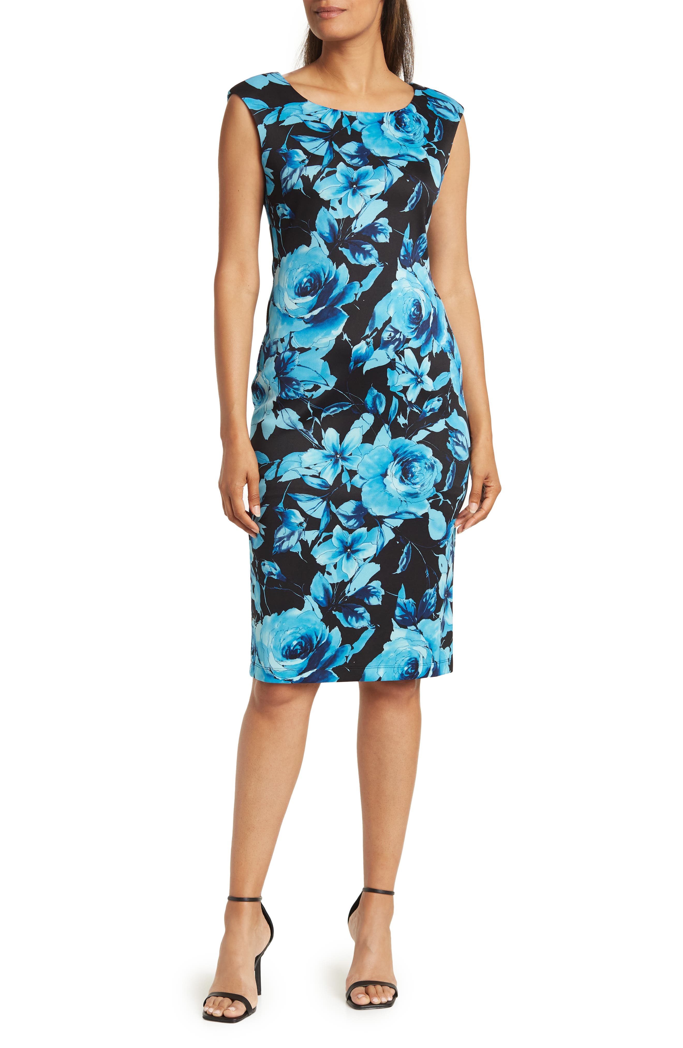 Connected Apparel Jewel Neck Cap Sleeve Floral Print Scuba Dress ...